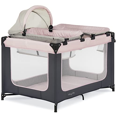 Dream On Me Emily Rose Deluxe Playard in Pink with Infant Bassinet and Changing Tray, Lightweight Portable and Convertible Playard for Baby, Breathable Mesh Sides and Soft Fabric