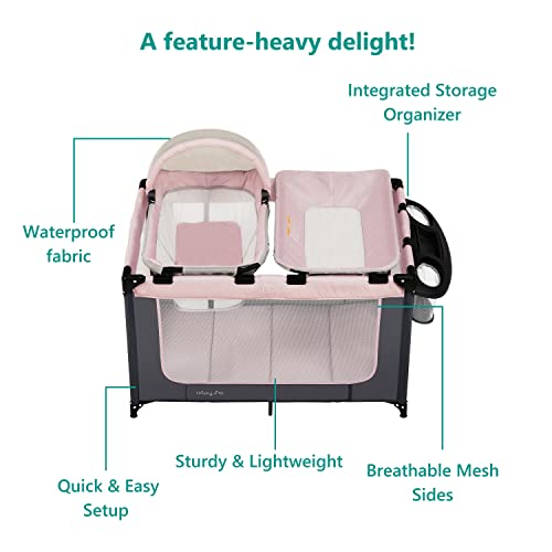 Dream On Me Emily Rose Deluxe Playard in Pink with Infant Bassinet and Changing Tray, Lightweight Portable and Convertible Playard for Baby, Breathable Mesh Sides and Soft Fabric