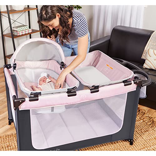 Dream On Me Emily Rose Deluxe Playard in Pink with Infant Bassinet and Changing Tray, Lightweight Portable and Convertible Playard for Baby, Breathable Mesh Sides and Soft Fabric