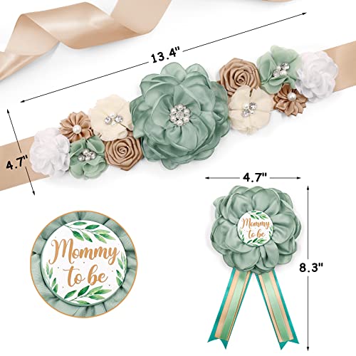 Sage Green Maternity Sash and Corsage Pin Set Mom to Be Daddy to Be Corsage Greenery Theme Baby Shower Decorations Olive Green Belly Belt Gender Reveal Party Gift Keepsake Pregnancy Photo Props