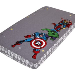 marvel comics grey, white, red, and blue, captain america, hulk, spiderman and thor photo op fitted crib sheet