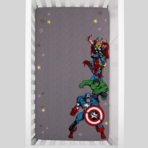 Marvel Comics Grey, White, Red, and Blue, Captain America, Hulk, Spiderman and Thor Photo Op Fitted Crib Sheet