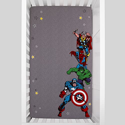 Marvel Comics Grey, White, Red, and Blue, Captain America, Hulk, Spiderman and Thor Photo Op Fitted Crib Sheet