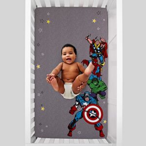 Marvel Comics Grey, White, Red, and Blue, Captain America, Hulk, Spiderman and Thor Photo Op Fitted Crib Sheet