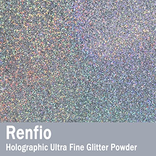 Renfio Holographic Silver Ultra Fine Glitter Powder, 3.5 Oz (100g) Metallic PET Flake 1/128" 0.008" 0.2mm Face Glitters for Craft Resin Pigment Tumbler Ornament Painting Hair - Diamond Laser Silver