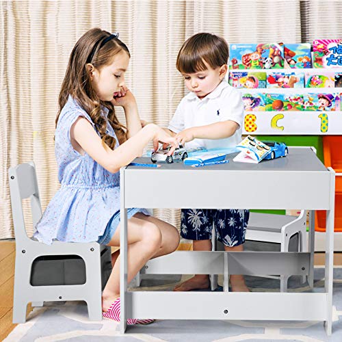 BETTARY 3 in 1 Kids Wood Table & Chair Set, Children Activity Table Set w/Storage Drawer, 3 PCS Wooden Furniture Set w/Detachable Blackboard & Activity Center for Toddlers Drawing Reading (Grey)