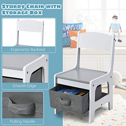 BETTARY 3 in 1 Kids Wood Table & Chair Set, Children Activity Table Set w/Storage Drawer, 3 PCS Wooden Furniture Set w/Detachable Blackboard & Activity Center for Toddlers Drawing Reading (Grey)