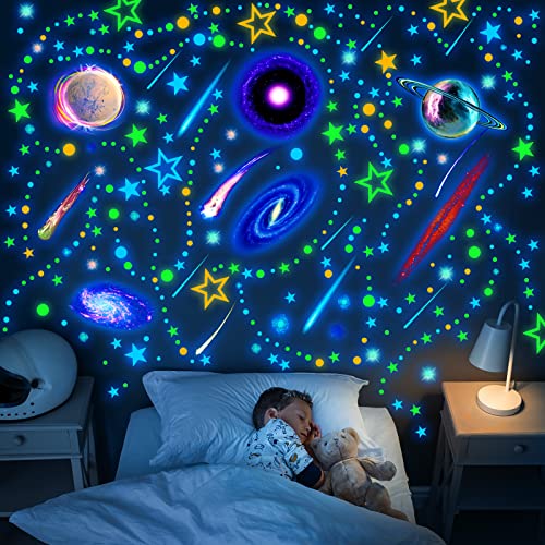 495 Pieces Glow in The Dark Stars and Moons Wall Decals for Ceiling, Removable Glowing Stars and Planets Wall Decal Sticker Glow in The Dark Galaxy Wall Decor for Kids Bedroom Living Room Nursery