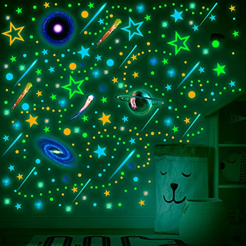 495 Pieces Glow in The Dark Stars and Moons Wall Decals for Ceiling, Removable Glowing Stars and Planets Wall Decal Sticker Glow in The Dark Galaxy Wall Decor for Kids Bedroom Living Room Nursery