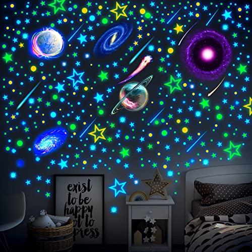 495 Pieces Glow in The Dark Stars and Moons Wall Decals for Ceiling, Removable Glowing Stars and Planets Wall Decal Sticker Glow in The Dark Galaxy Wall Decor for Kids Bedroom Living Room Nursery