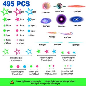 495 Pieces Glow in The Dark Stars and Moons Wall Decals for Ceiling, Removable Glowing Stars and Planets Wall Decal Sticker Glow in The Dark Galaxy Wall Decor for Kids Bedroom Living Room Nursery