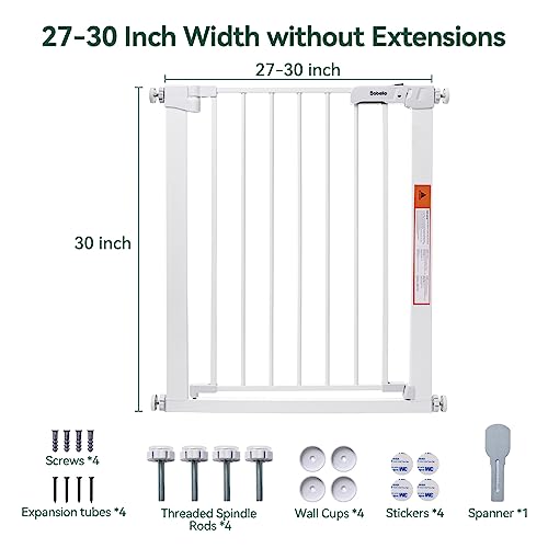 Mom's Choice Award Winner-BABELIO 27-30 Inch Narrow Easy Install Baby Gate, Fit for Small Stairs and Doorways,Pressure Mounted Safety Gate with Door for Child and Pets,NO Extensions,White