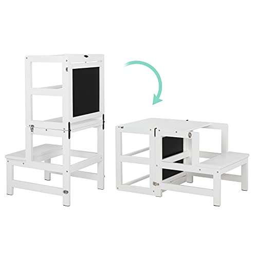 JOYMOR Kids Kitchen Standing Tower with Safety Rail, Chalkboard, Children Learning Step Tower for Kitchen Counter, Mothers' Helper (White)