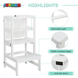 JOYMOR Kids Kitchen Standing Tower with Safety Rail, Chalkboard, Children Learning Step Tower for Kitchen Counter, Mothers' Helper (White)