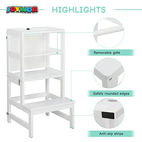 JOYMOR Kids Kitchen Standing Tower with Safety Rail, Chalkboard, Children Learning Step Tower for Kitchen Counter, Mothers' Helper (White)