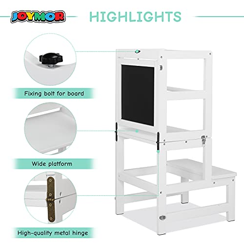 JOYMOR Kids Kitchen Standing Tower with Safety Rail, Chalkboard, Children Learning Step Tower for Kitchen Counter, Mothers' Helper (White)