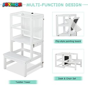 JOYMOR Kids Kitchen Standing Tower with Safety Rail, Chalkboard, Children Learning Step Tower for Kitchen Counter, Mothers' Helper (White)