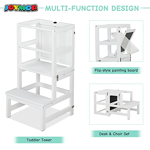 JOYMOR Kids Kitchen Standing Tower with Safety Rail, Chalkboard, Children Learning Step Tower for Kitchen Counter, Mothers' Helper (White)