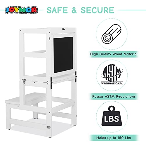 JOYMOR Kids Kitchen Standing Tower with Safety Rail, Chalkboard, Children Learning Step Tower for Kitchen Counter, Mothers' Helper (White)