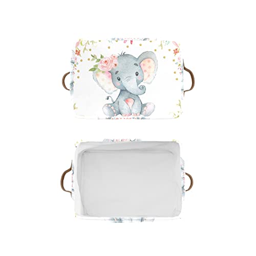 Deven Chic Pink Flower Elephant Personalized Large Storage Baskets for Organizing Shelves with Handle,Closet Decorative Storage Bins for Toy, Bathroom,Nursery,Home 1 Pack