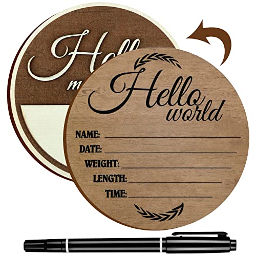 Birth Announcement Sign Baby Announcement Sign Wooden Newborn Sign Baby Name Sign Round Wood Plaque with Black Paint Marker for Baby Name and Birth Detail, 7.87 Inch (Brown)