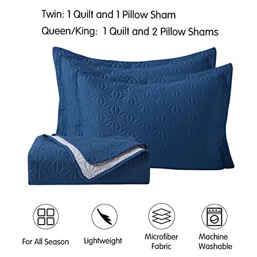 NexHome Quilt Sets Queen Size Navy Blue Stars Pattern Quilted Coverlet Solid Reversible Coverlet Sets Lightweight Microfiber Quilted Bedspread Set with Pillow Shams