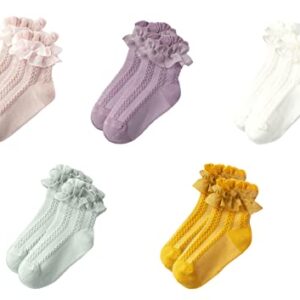 Gwenvenni Toddler Girls Double Ruffle Lace Trim Cotton Socks Frilly Dress Socks 5-Pack, Age 3-5T