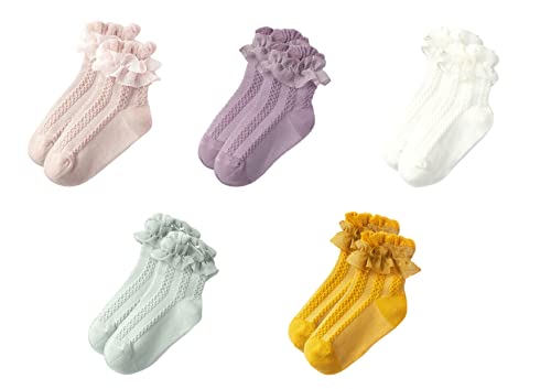 Gwenvenni Toddler Girls Double Ruffle Lace Trim Cotton Socks Frilly Dress Socks 5-Pack, Age 3-5T