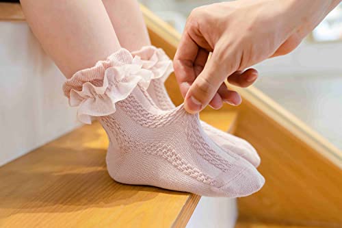 Gwenvenni Toddler Girls Double Ruffle Lace Trim Cotton Socks Frilly Dress Socks 5-Pack, Age 3-5T