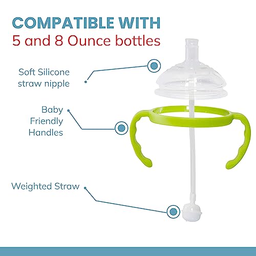 Straw Transition Cup Kit for Comotomo Baby Bottles | Conversion Kit Fits 5 Ounce and 8 Ounce Bottles | Soft, Silicone Straw Top Bottle Nipple & Weighted Straw to Help Baby Transition | 2 Pack (Green)