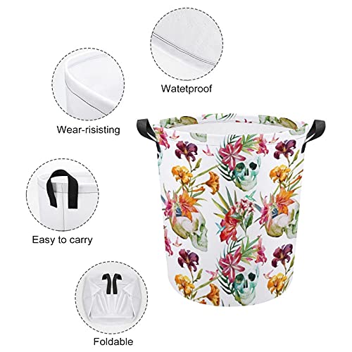 Skull with Flowers Oxford Cloth Laundry Basket with Handles Storage Basket for Toy Organizer Kids Room Nursery Hamper Bathroom