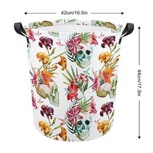 Skull with Flowers Oxford Cloth Laundry Basket with Handles Storage Basket for Toy Organizer Kids Room Nursery Hamper Bathroom