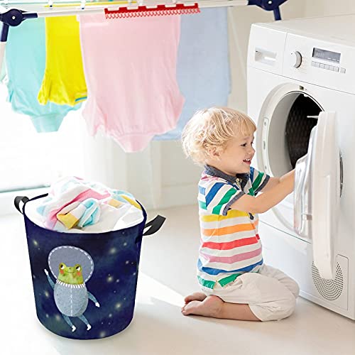 Cheerful Frog Astronaut Oxford Cloth Laundry Basket with Handles Storage Basket for Toy Organizer Kids Room Nursery Hamper Bathroom