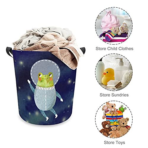 Cheerful Frog Astronaut Oxford Cloth Laundry Basket with Handles Storage Basket for Toy Organizer Kids Room Nursery Hamper Bathroom