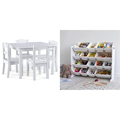 Humble Crew, White Kids Wood Table and 4 Chairs Set & Extra-Large Toy Organizer, 16 Storage Bins, White/White