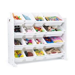 Humble Crew, White Kids Wood Table and 4 Chairs Set & Extra-Large Toy Organizer, 16 Storage Bins, White/White