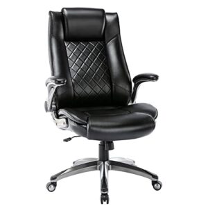 high back executive office chair 300lbs-ergonomic leather computer desk chair with flip-up armrest, thick bonded leather office chair for comfort and lumbar support, adjustable rock back tension-black