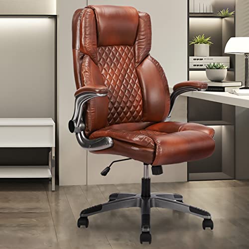 REFICCER Executive Home Office Chairs, Ergonomic High Back Swivel Computer Desk Chairs with Flip up Arms and Height Adjustment, Office Task Desk Chair Swivel Home Comfort Chairs (9301 Brown)