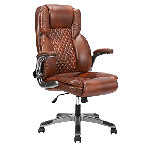 REFICCER Executive Home Office Chairs, Ergonomic High Back Swivel Computer Desk Chairs with Flip up Arms and Height Adjustment, Office Task Desk Chair Swivel Home Comfort Chairs (9301 Brown)