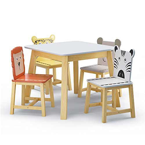 Harper & Bright Designs Kids Table with 4 Chairs Set, 5 Piece Kiddy Table and Chair Set, Kids Wood Table with 4 Chairs Set Cartoon Animals Toddler Table and Chair Set (3-8 Years Old, White)