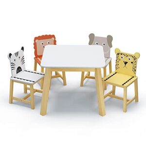 Harper & Bright Designs Kids Table with 4 Chairs Set, 5 Piece Kiddy Table and Chair Set, Kids Wood Table with 4 Chairs Set Cartoon Animals Toddler Table and Chair Set (3-8 Years Old, White)