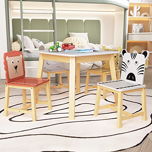 Harper & Bright Designs Kids Table with 4 Chairs Set, 5 Piece Kiddy Table and Chair Set, Kids Wood Table with 4 Chairs Set Cartoon Animals Toddler Table and Chair Set (3-8 Years Old, White)