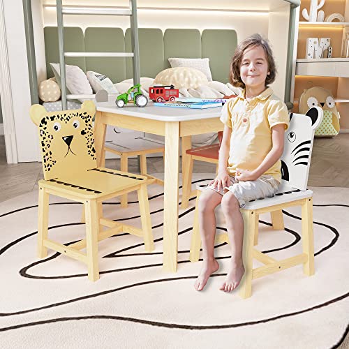 Harper & Bright Designs Kids Table with 4 Chairs Set, 5 Piece Kiddy Table and Chair Set, Kids Wood Table with 4 Chairs Set Cartoon Animals Toddler Table and Chair Set (3-8 Years Old, White)