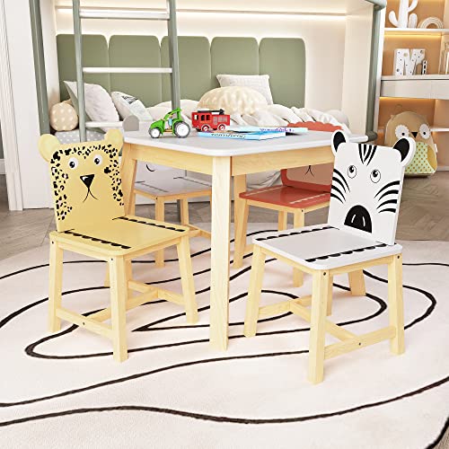 Harper & Bright Designs Kids Table with 4 Chairs Set, 5 Piece Kiddy Table and Chair Set, Kids Wood Table with 4 Chairs Set Cartoon Animals Toddler Table and Chair Set (3-8 Years Old, White)