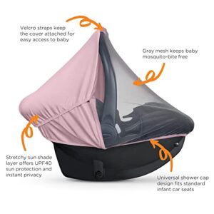 liuliuby 2-in-1 Car Seat Cover - Baby Carseat Canopy with Privacy Sun Shade & Bug Net for Newborn & Infant - Protects Babies from UV Rays, Mosquito & Insect - Carrier Covers for Boys & Girls (Pink)