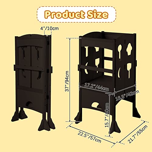 Kitchen Step Stool for Kids, Toddler Wooden Standing Learning Tower, Folding Child Step Stool, Safety Cooking Standing Stool for Children with Lockable Handrail, Espresso