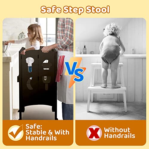 Kitchen Step Stool for Kids, Toddler Wooden Standing Learning Tower, Folding Child Step Stool, Safety Cooking Standing Stool for Children with Lockable Handrail, Espresso