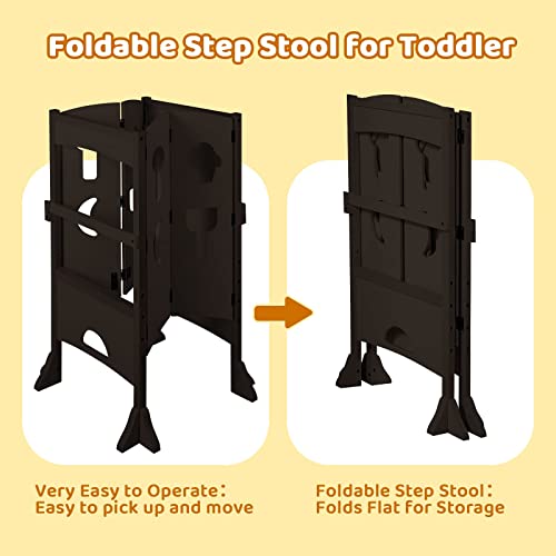 Kitchen Step Stool for Kids, Toddler Wooden Standing Learning Tower, Folding Child Step Stool, Safety Cooking Standing Stool for Children with Lockable Handrail, Espresso