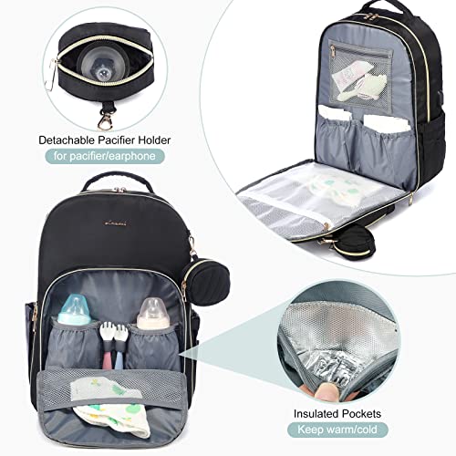 LOVEVOOK Diaper Bag Backpack, Quilted Baby Bag with Changing Pad & Pacifier Holder, Waterproof Travel Diaper Bags with USB Charging Port, Stylish and Large Capacity, Black