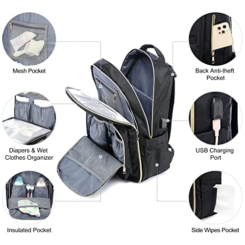 LOVEVOOK Diaper Bag Backpack, Quilted Baby Bag with Changing Pad & Pacifier Holder, Waterproof Travel Diaper Bags with USB Charging Port, Stylish and Large Capacity, Black